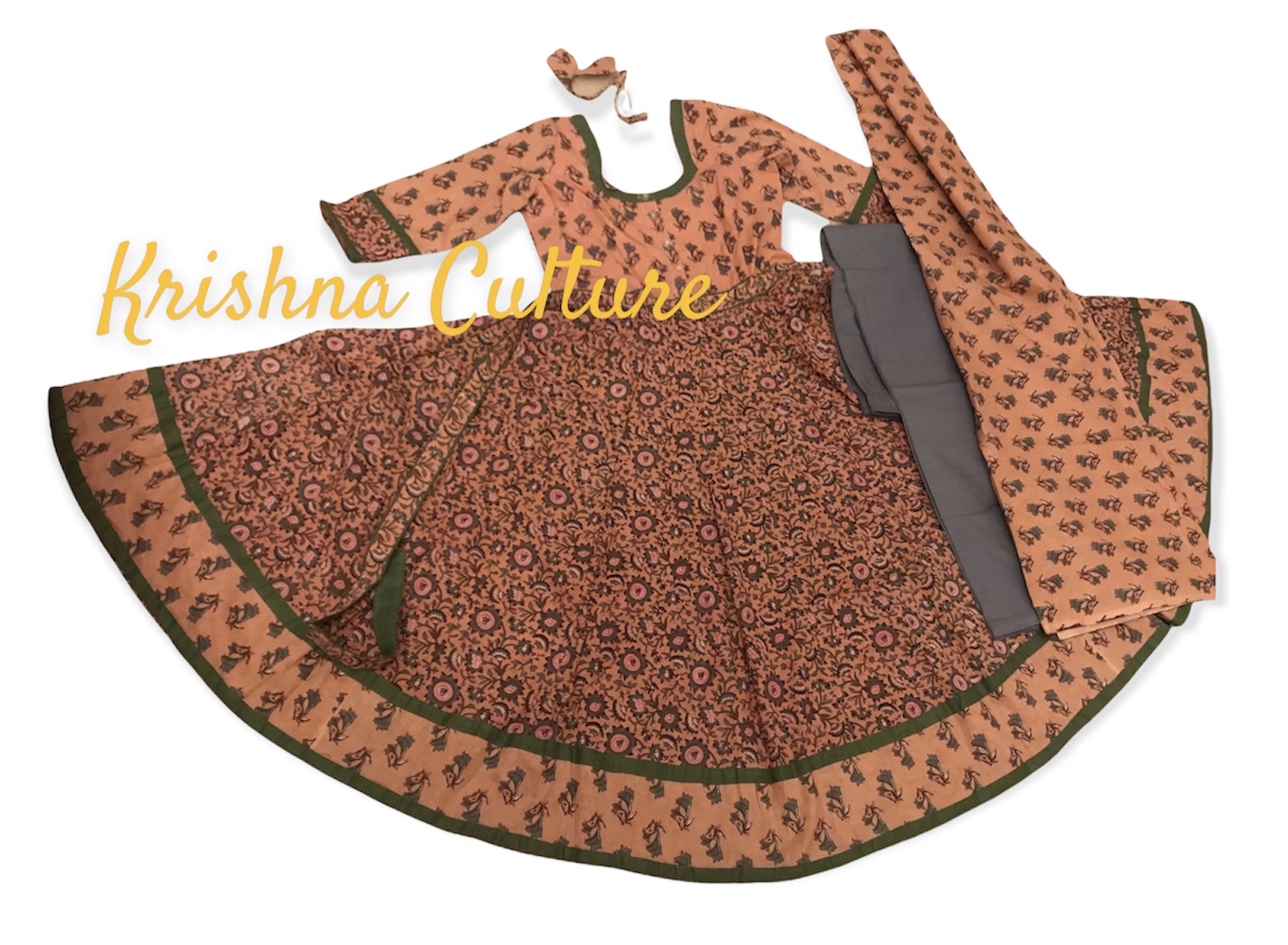 Anarkali Set with Peach and Grey Flowers: Krishna Culture